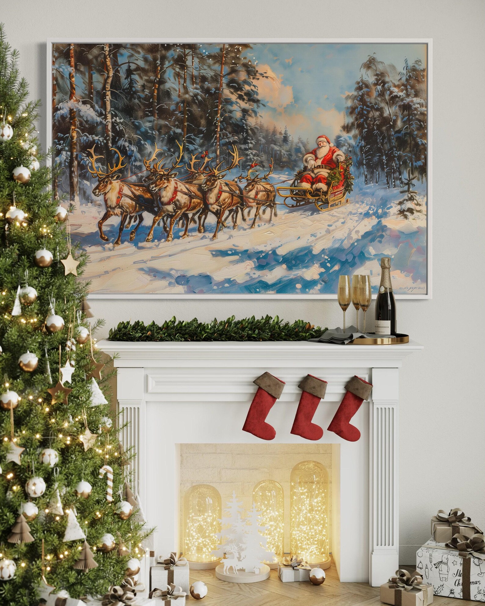 Christmas Wall Art Santa in Sleigh Pulled by Reindeer in the Forest ...