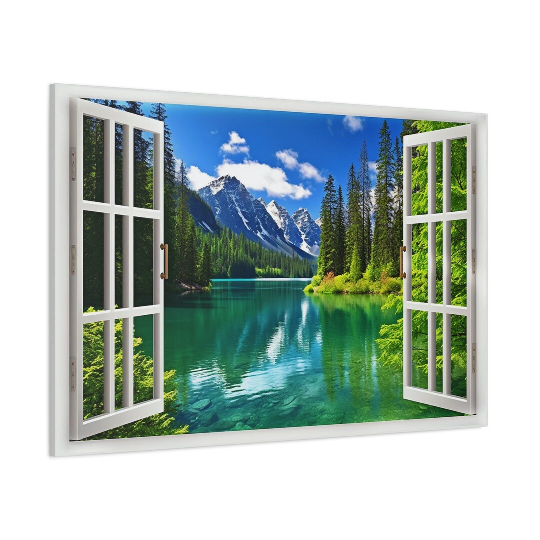 Window View Canvas - Lake and Mountains View From Open Window Painting ...