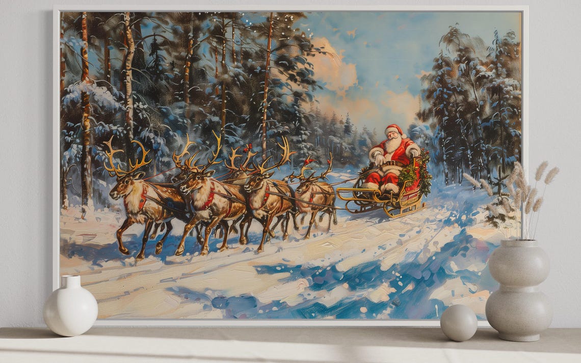 Christmas Wall Art Santa in Sleigh Pulled by Reindeer in the Forest ...