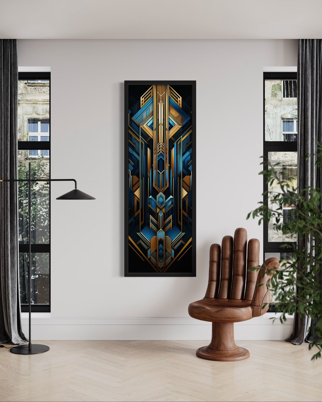 Vertical Art Deco Wall Art, Gold Black Blue Long Narrow Painting, Tall ...