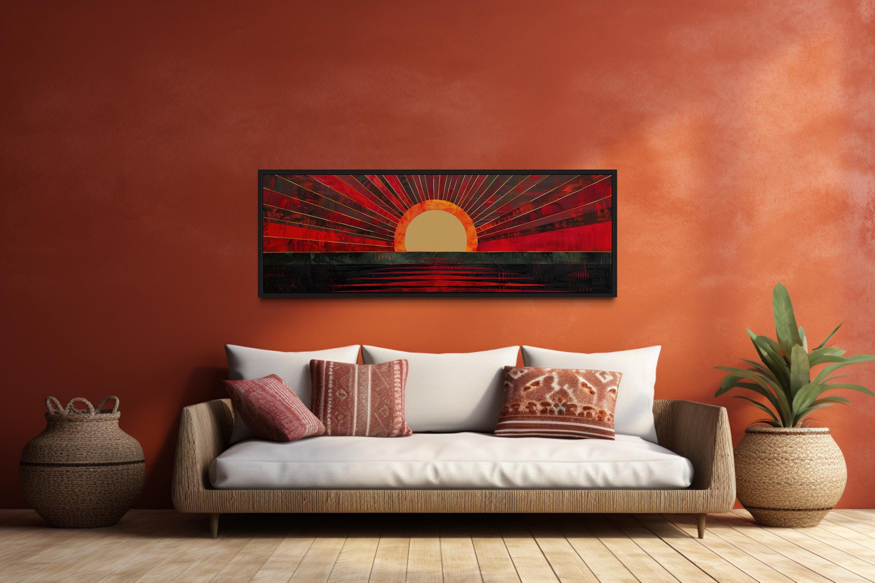 Mid Century Modern Black Red Sun Wall Art, Abstract Sun Panoramic ...
