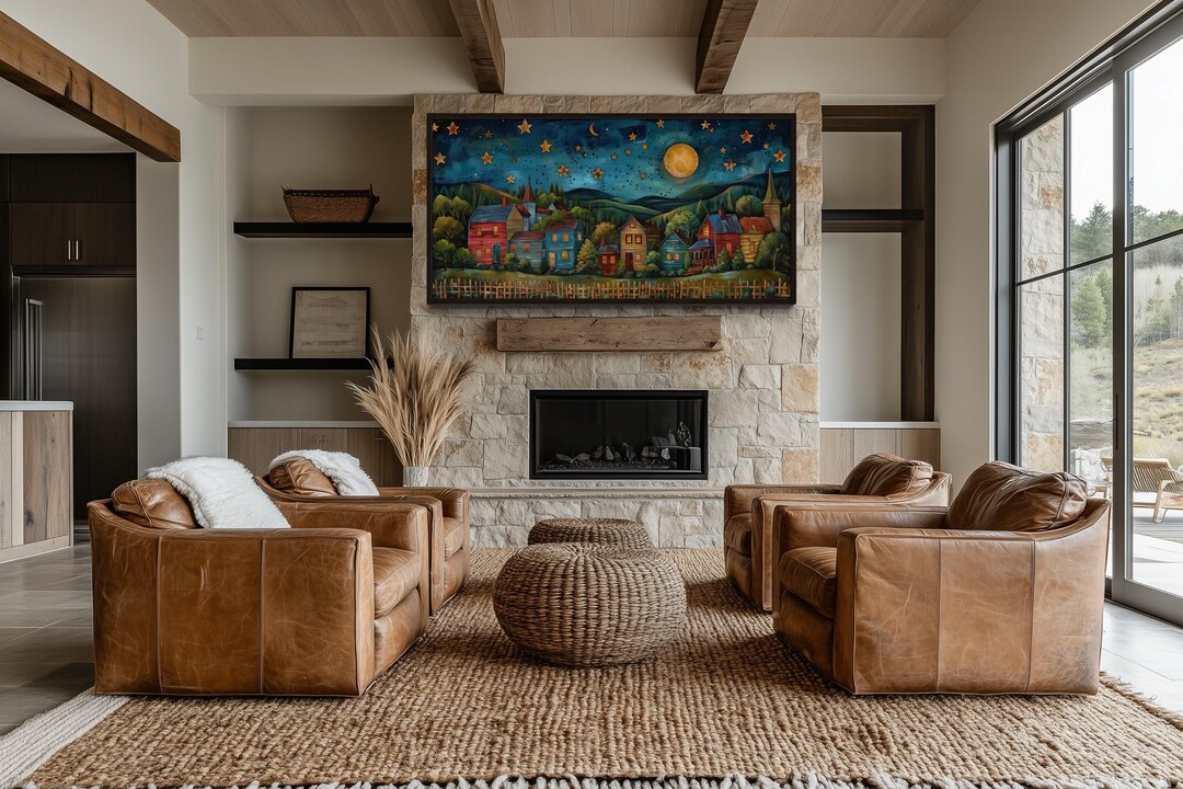 Above Mantel Wall Art, Pretty Rustic Village at Night Under Stars and ...