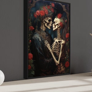 Romantic Gothic Wall Art, Skeleton Lovers in Flowers Painting Canvas or ...