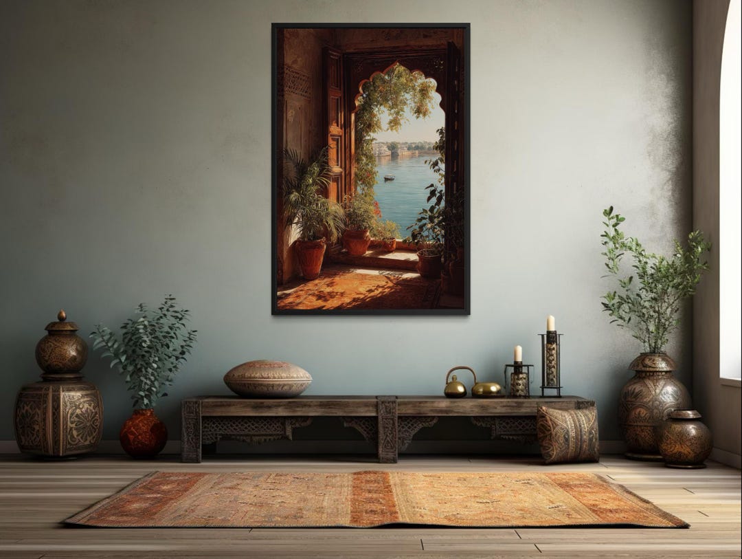 Indian Palace Window View Wall Art Canvas Print, Arched Doorway Lake ...
