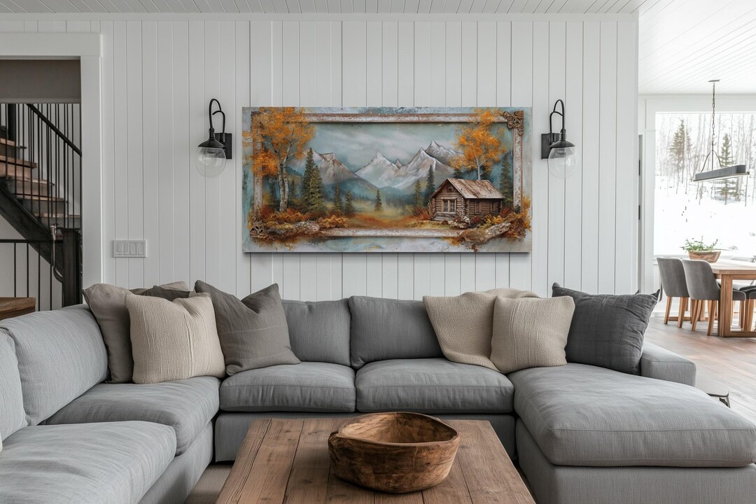 Mountain Cabin Wall Art - Rustic Log Cabin in Autumn Painting Canvas ...