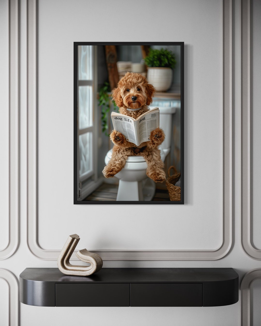 Cockapoo Dog on the Toilet Reading Newspaper, Funny Bathroom Art ...