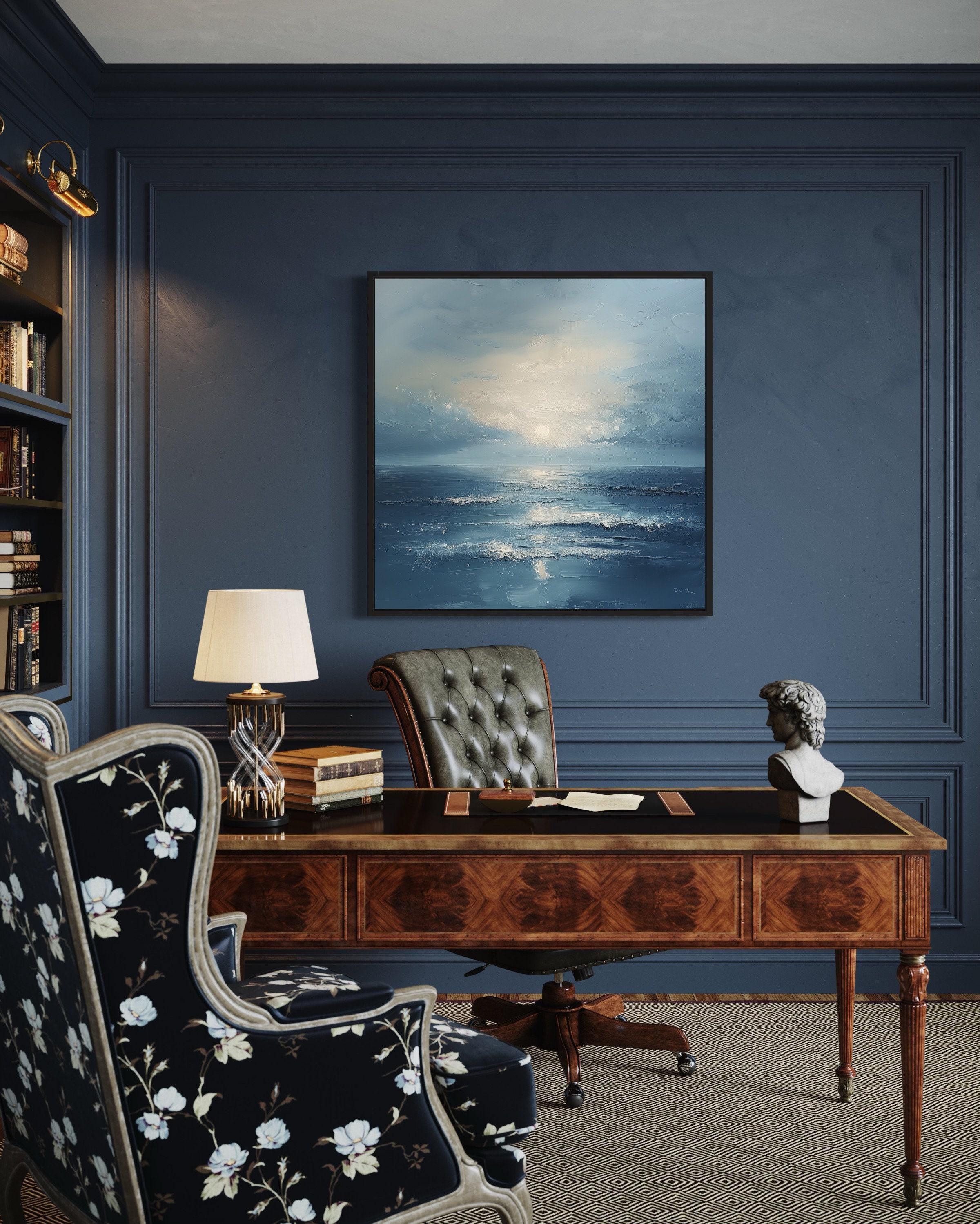 Abstract Ocean Wall Art, Blue Grey Coastal Ocean Waves Painting Square ...