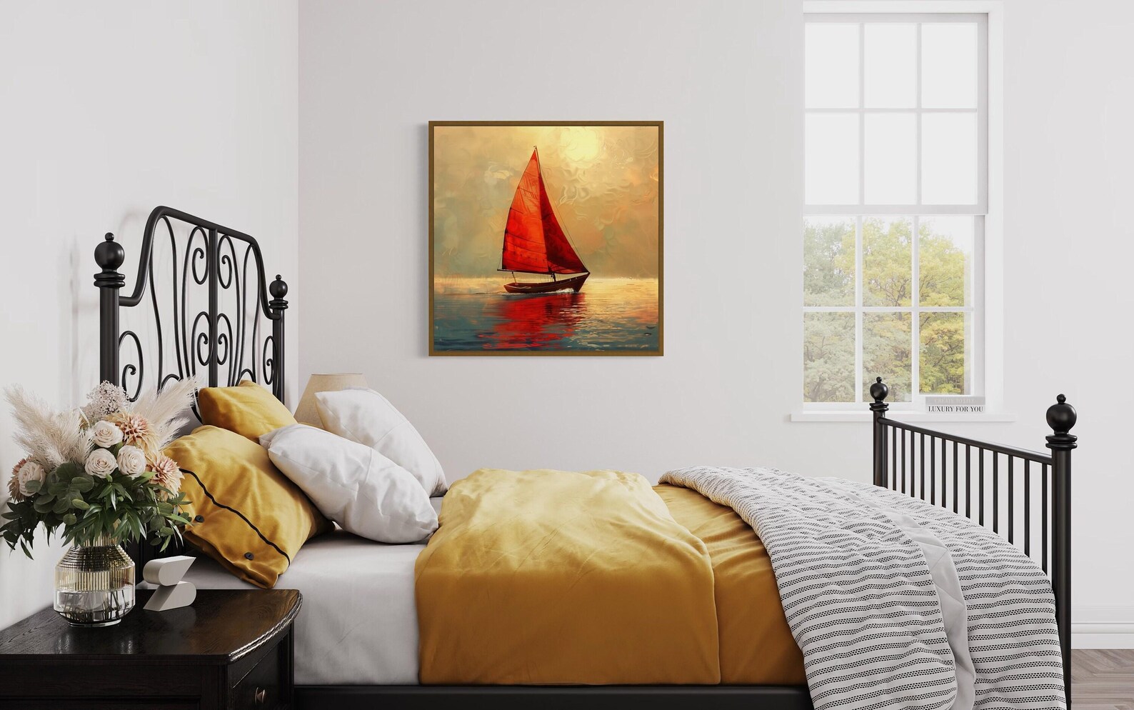 Gold Red Wall Art, Boat With Red Sails in Golden Sunset Ocean Abstract ...