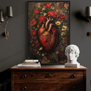 Halloween Wall Art Gothic Human Heart and Flowers Painting, Heart Wall ...