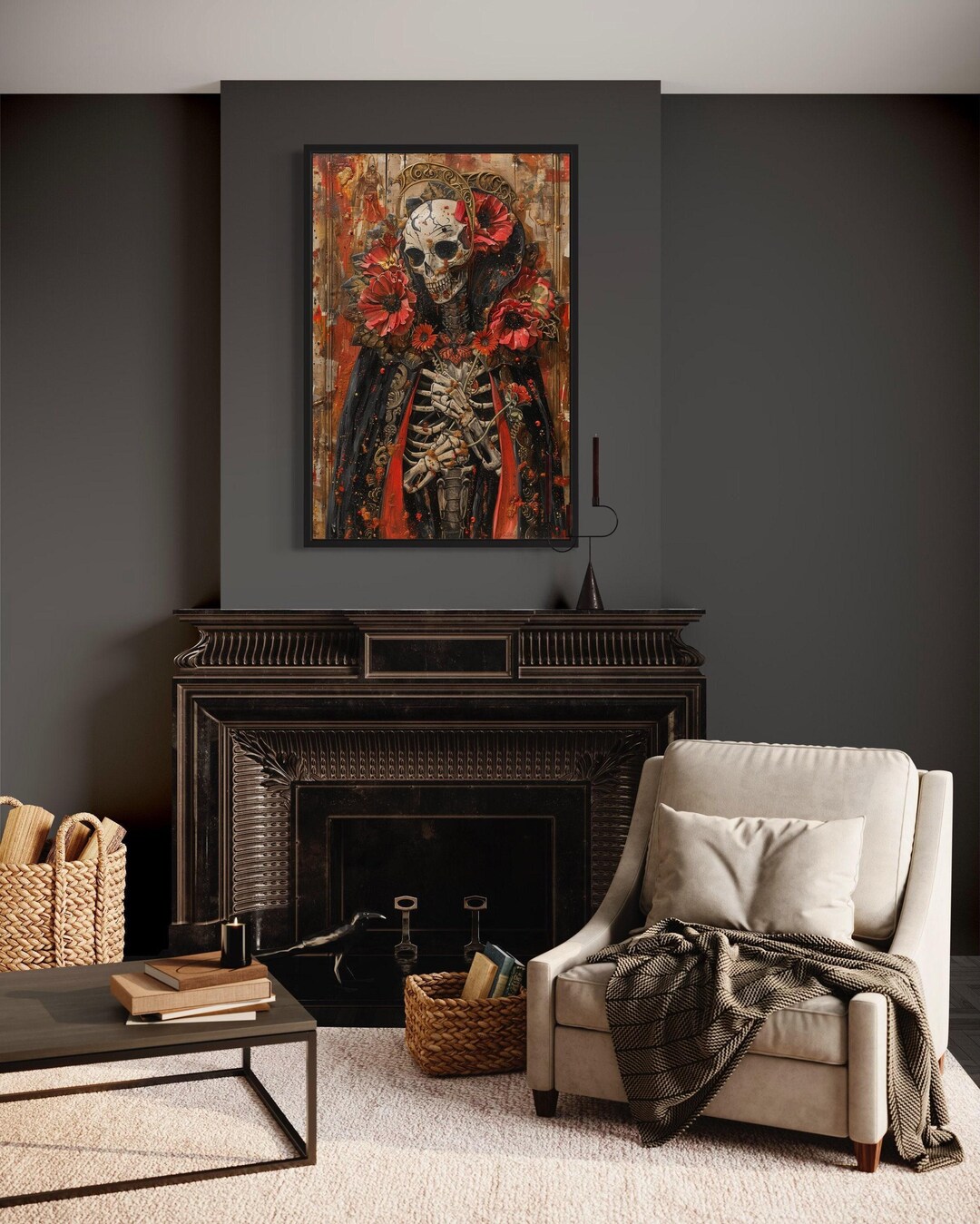 Gothic Halloween Wall Art, Skeleton Bridegroom With Flowers Painting ...