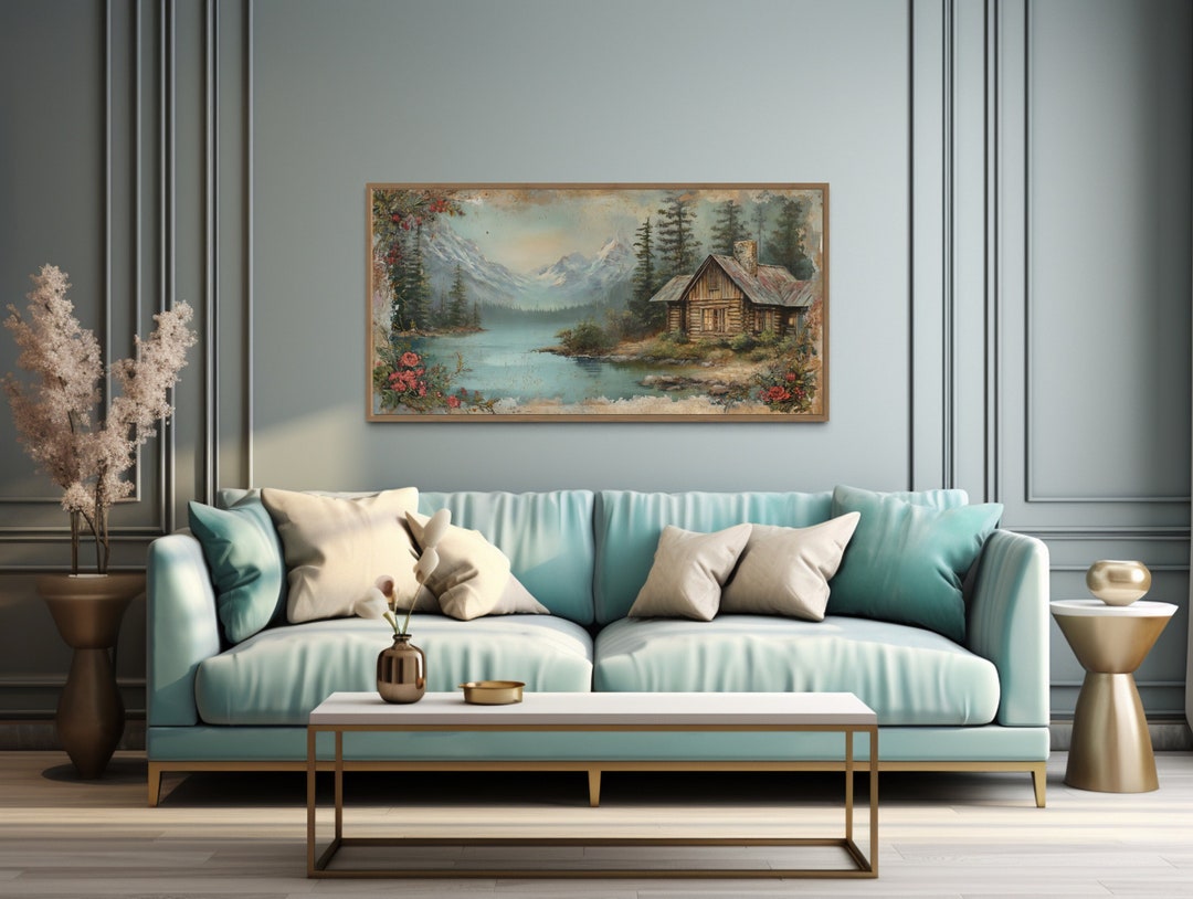 Rustic Mountain Cabin on the Lake Wall Art, Cabin Rustic Painting ...