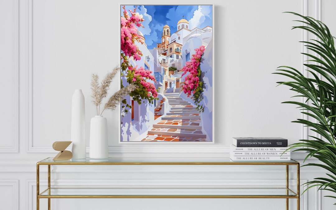 Ibiza Wall Art, Old Town Whitewashed Street Watercolor Painting Canvas ...