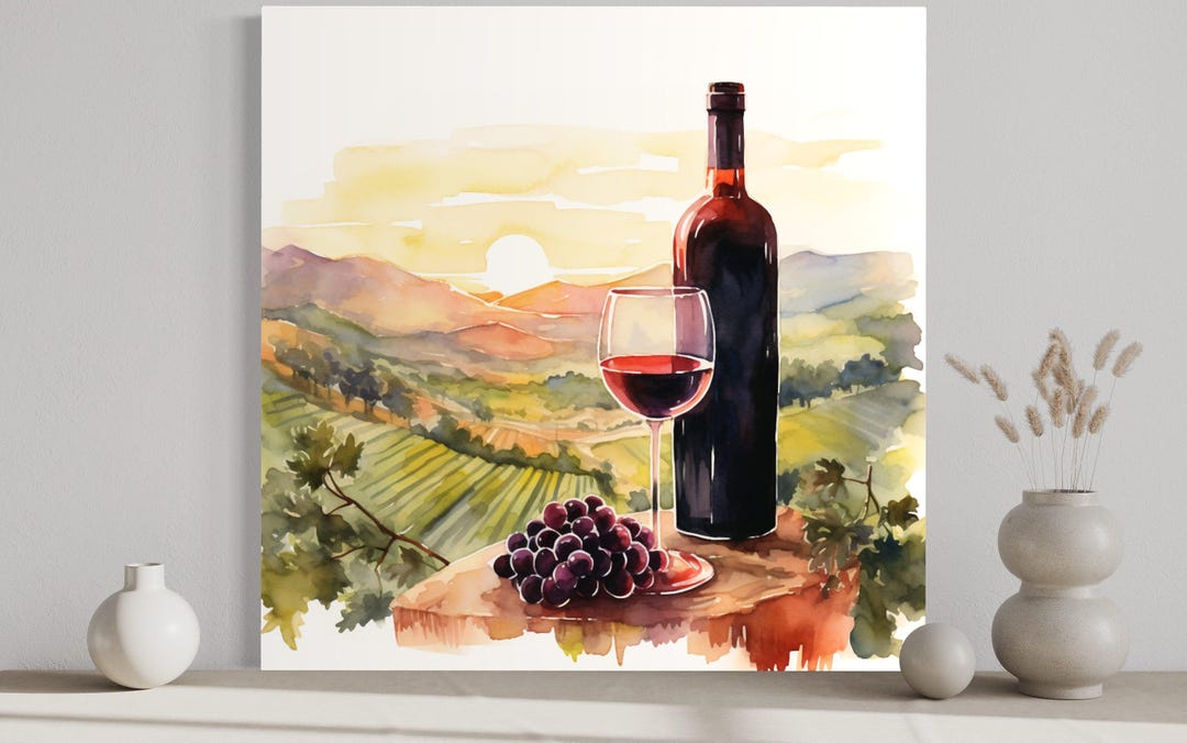 Wine and Vineyard Watercolor Painting Canvas PRINT, Italian Landscape ...