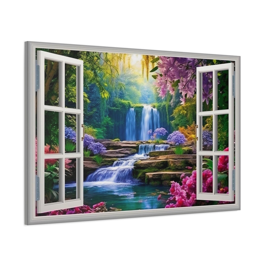 Window View Canvas Vibrant Garden and Waterfall View From Open Window ...