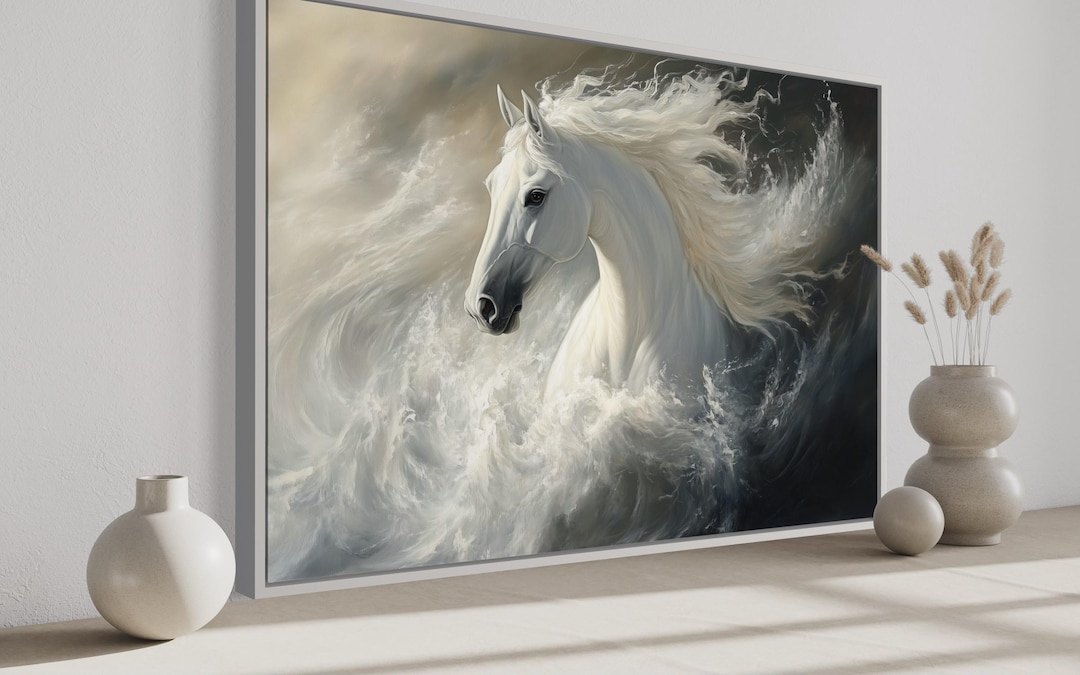 White Horse Wall Art Canvas Print - Majestic Stallion in Ocean Waves ...