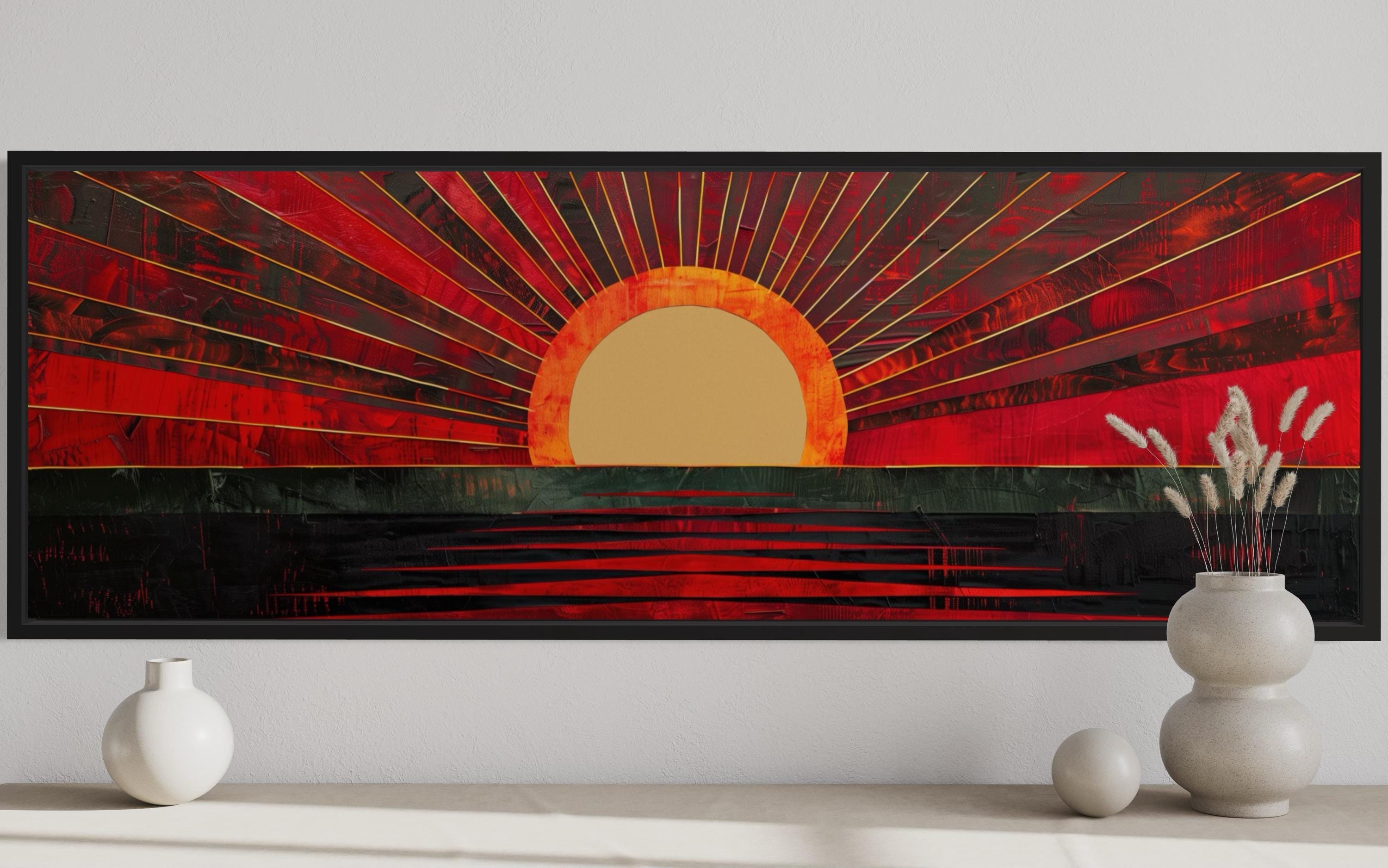 Mid Century Modern Black Red Sun Wall Art, Abstract Sun Panoramic ...