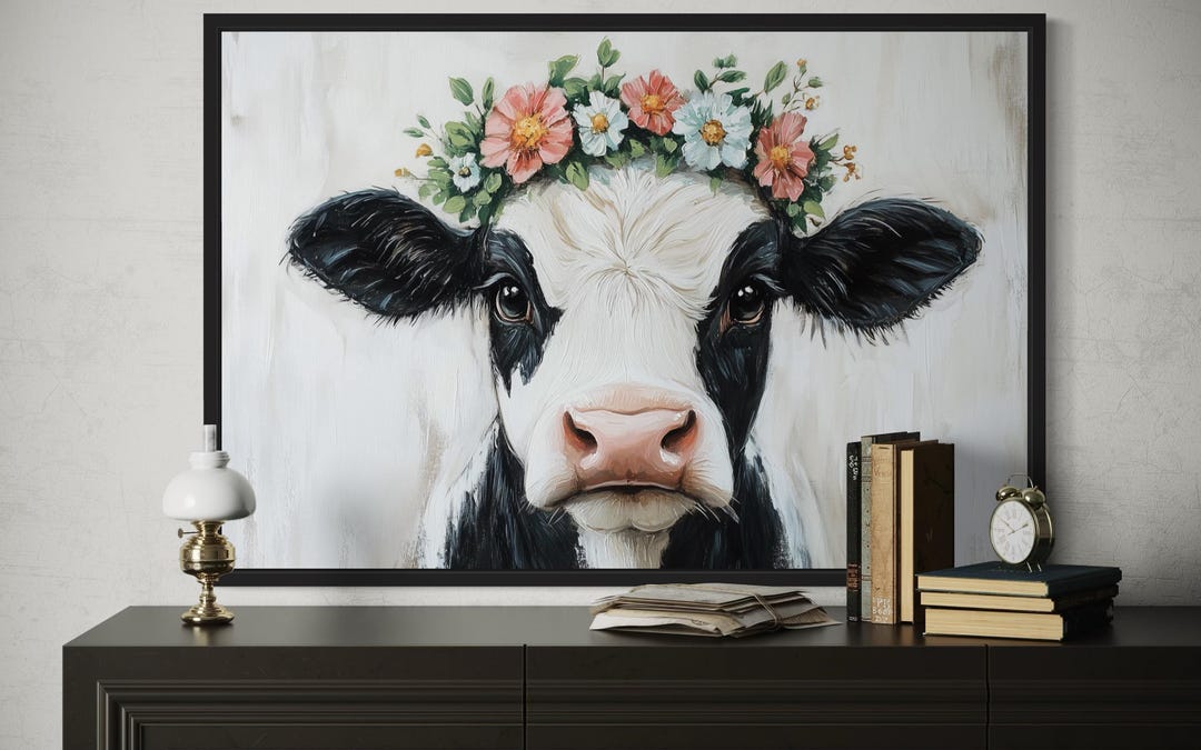 Cow Canvas Wall Art – Farmhouse Cow With Floral Wreath Rustic Country ...