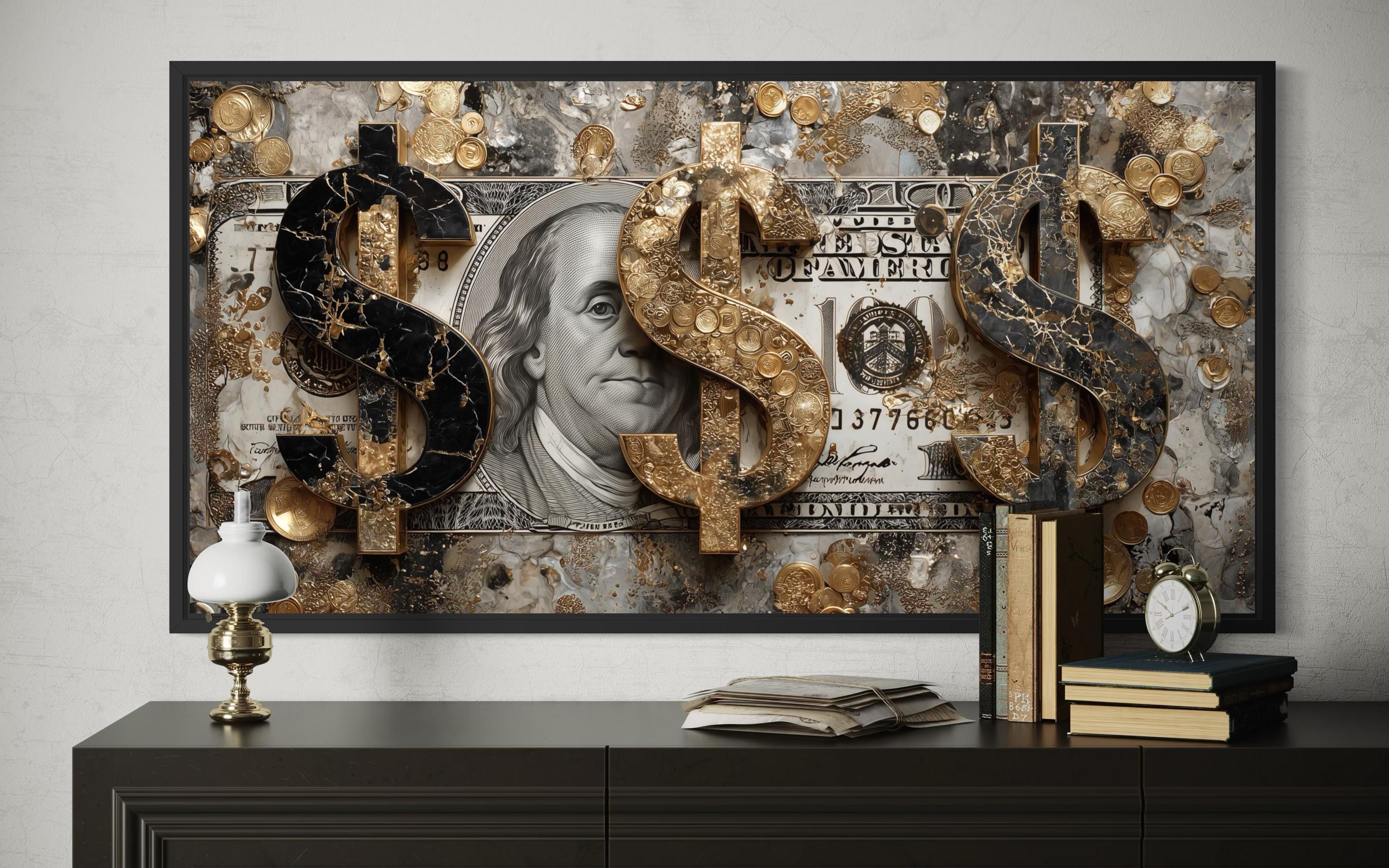 Money Wall Art – Luxury Dollar Sign Canvas With Gold Coins and Benjamin ...