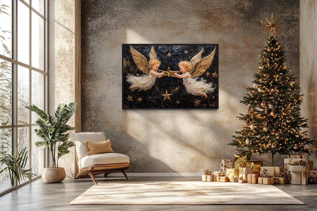 Angels Playing Trumpets Christmas Wall Art Golden Cherubs Canvas Print ...