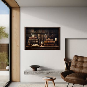 Vintage Book Shelf Library Painting Canvas Print Faux Frame Book Lover ...