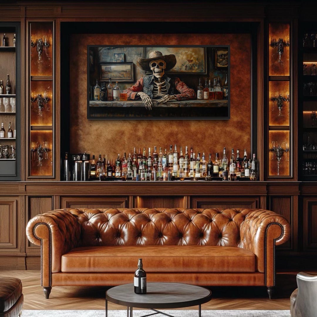 Skeleton Cowboy Barman at Western Saloon Wall Art, Wild West Canvas ...