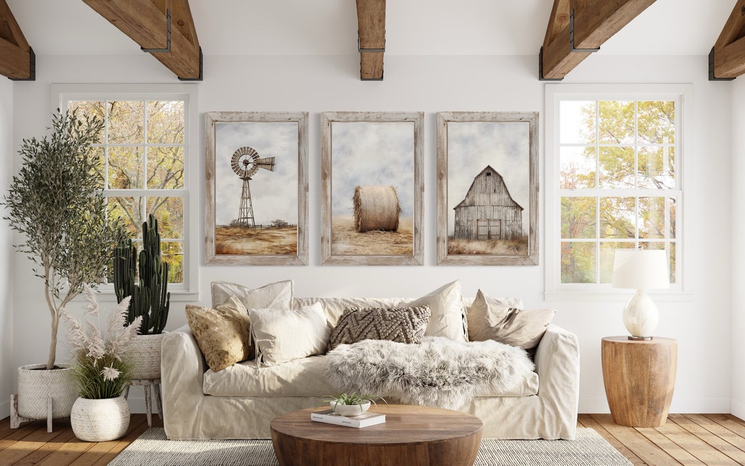 Farmhouse Wall Art Set of Three Rustic Farm Prints Painting of Windmill ...
