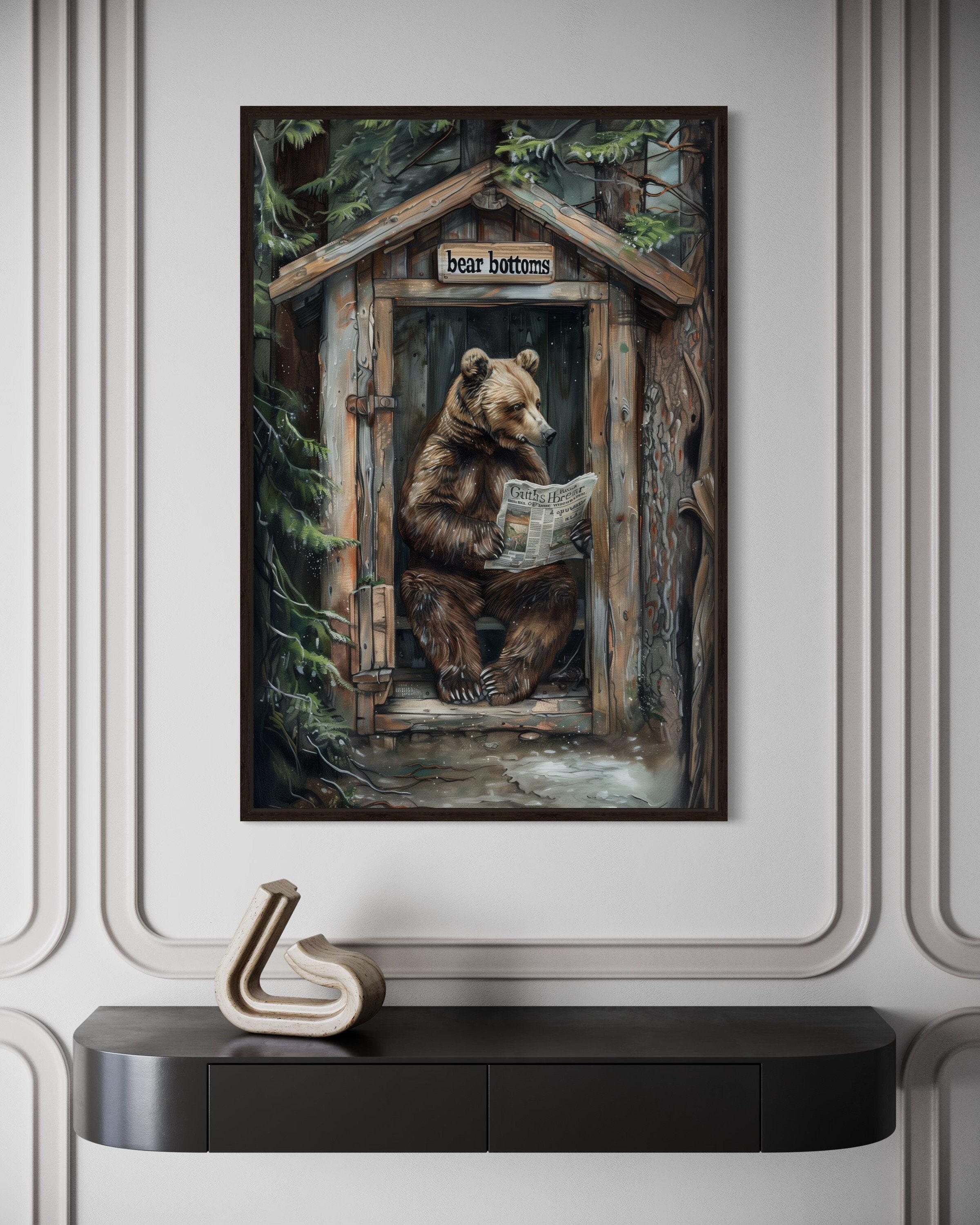 Bear in Outhouse Toilet in the Forest Reading Newspaper Painting Canvas ...