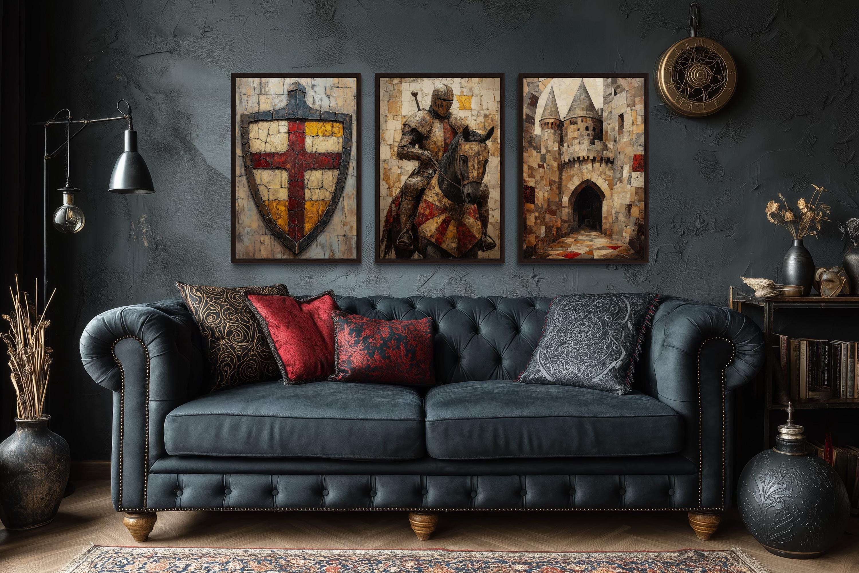 Medieval Wall Art for Men Set of 3 – Knight on Horse, Castle, and ...
