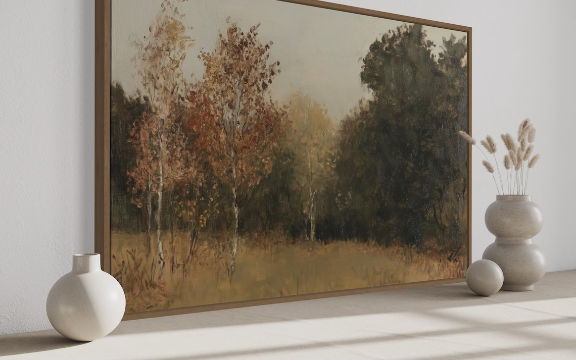 Antique Autumn Wall Art, Vintage Fall Forest Painting Canvas PRINT ...