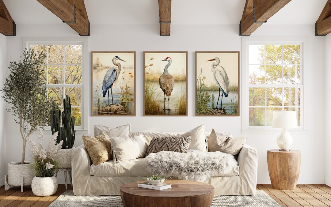 3 Piece Gallery Set Coastal Birds Wall Art - Retro Paintings of Blue ...