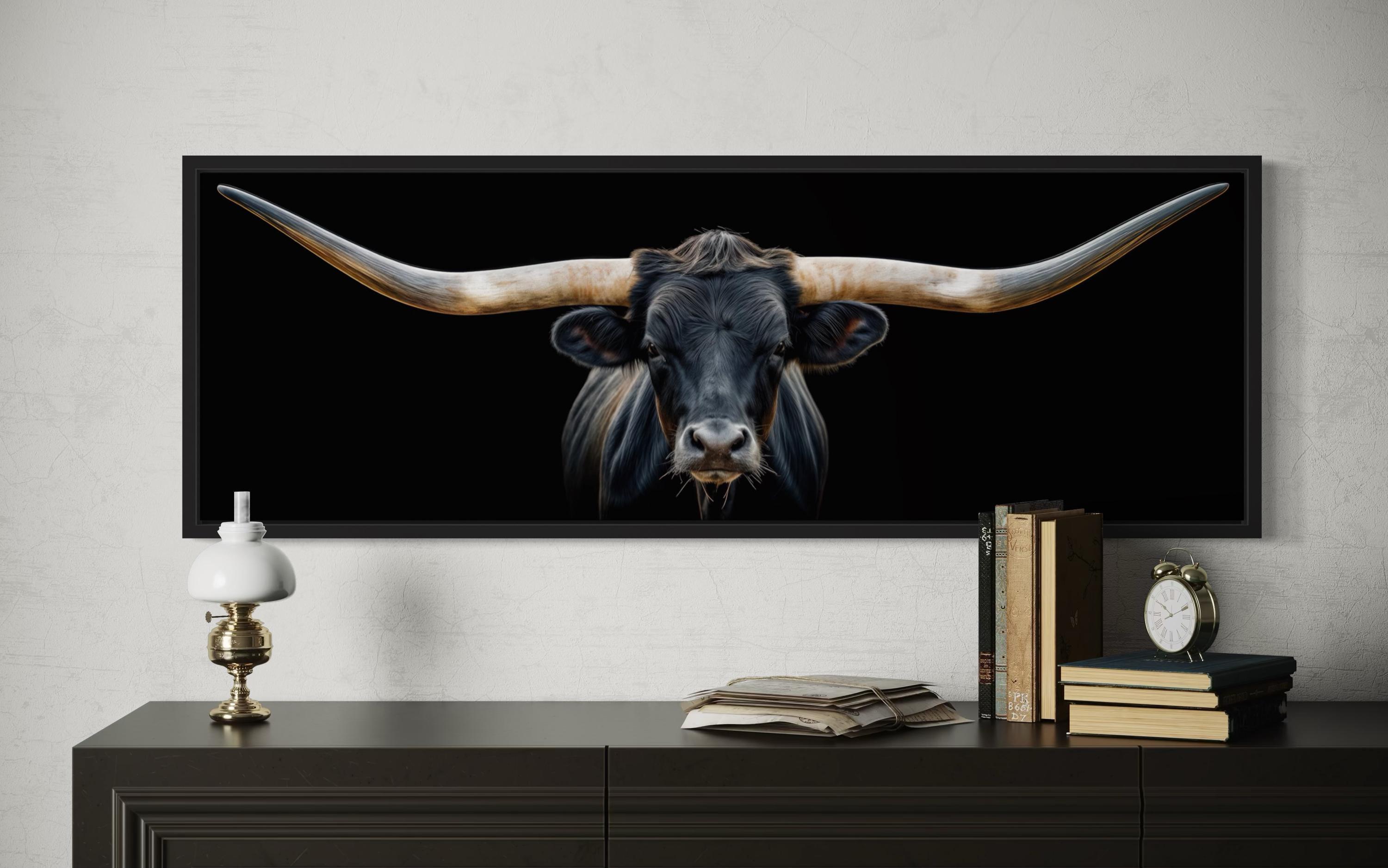 Black Texas Longhorn Steer Panoramic Wall Art, Extra Large Above Bed ...