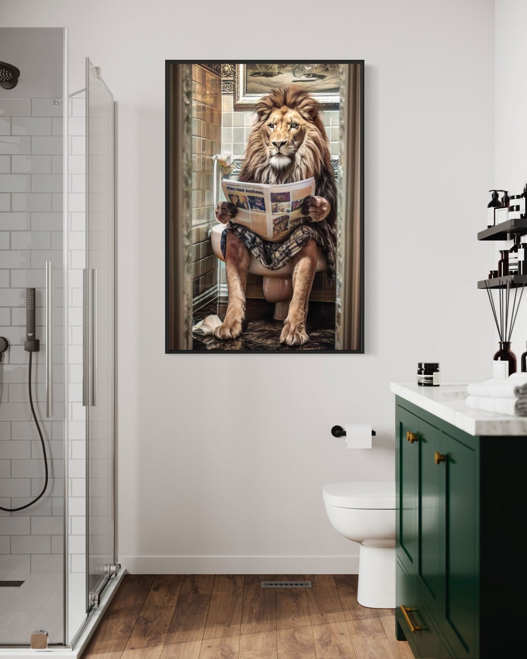 Funny Wall Art for Men Lion in Robe Sitting on Toilet Reading Newspaper ...