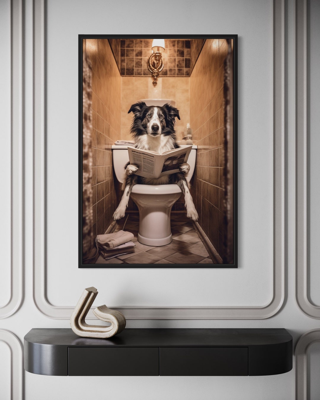 Border Collie Dog on the Toilet Reading Newspaper, Funny Bathroom Art ...