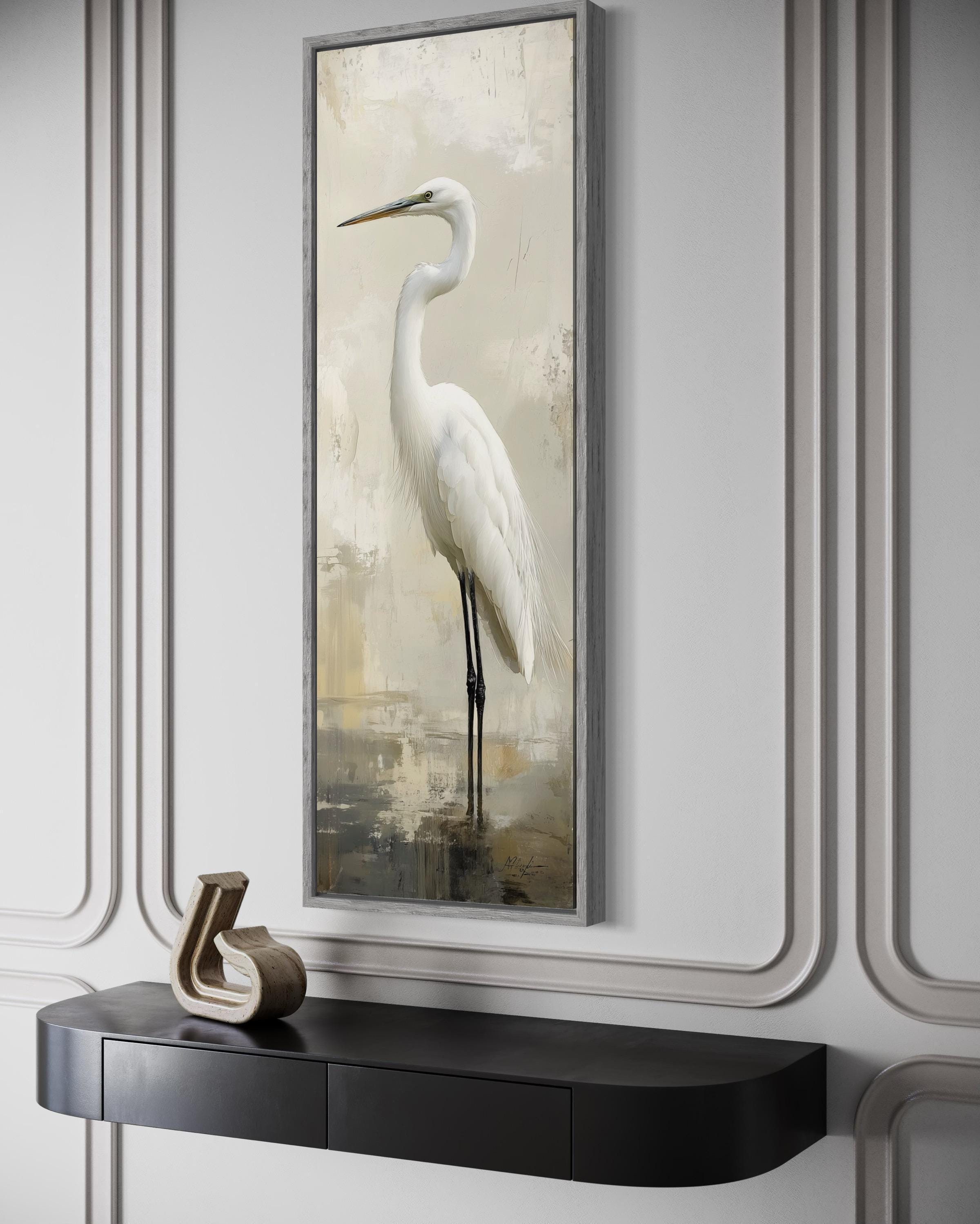 Tall Narrow Great Egret Wall Art Abstract Painting Canvas PRINT, Long ...