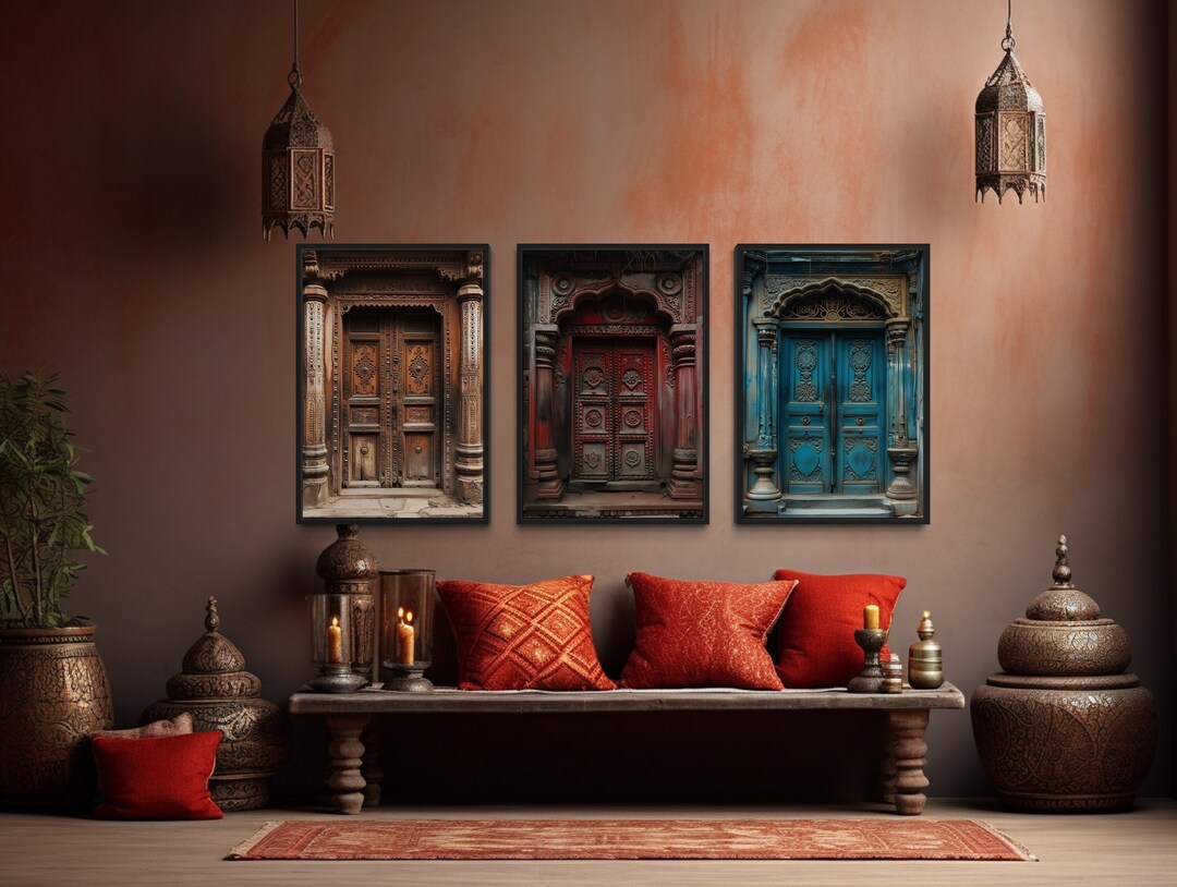 Set of Three Indian Wall Art, Colorful Indian Doors Painting Canvas ...