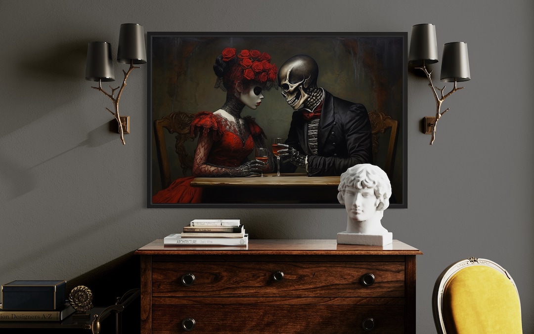Romantic Gothic Wall Art Skeleton Couple Lovers Painting Canvas PRINT ...