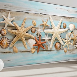 Beach House Wall Art - Starfish and Shells Painting on Blue Wood ...