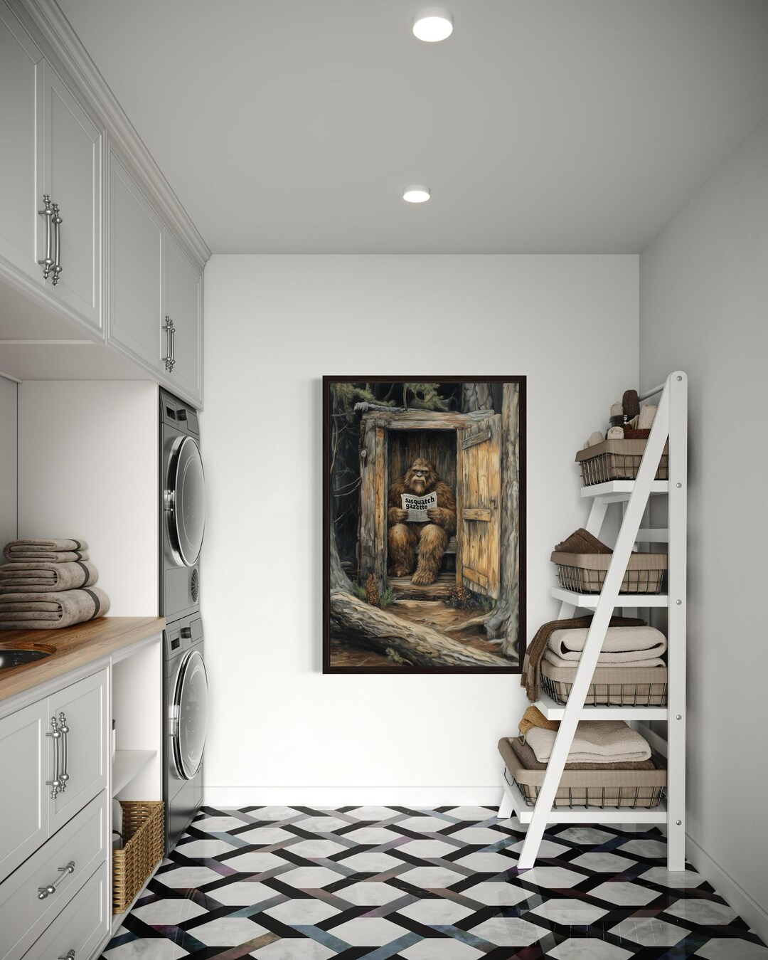 Bigfoot in Outhouse Toilet in the Forest Reading Newspaper Painting ...