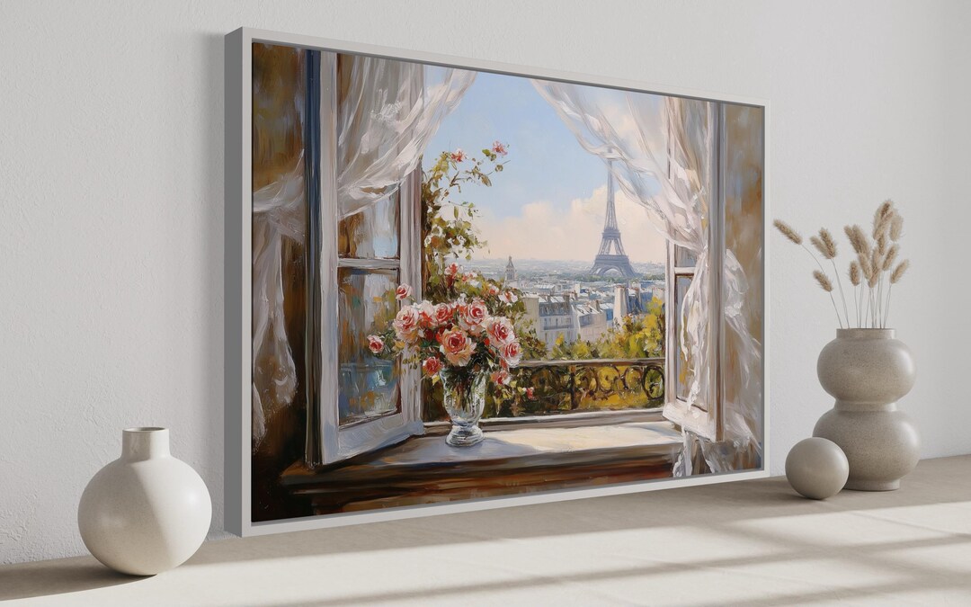 Paris Window View Wall Art, Eiffel Tower With Flowers Romantic Painting ...