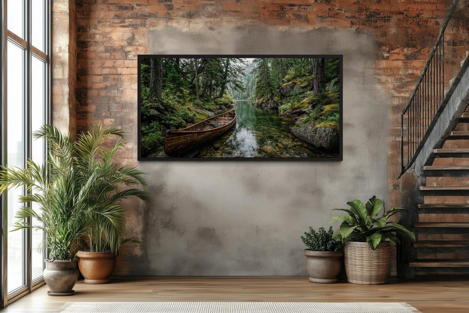 Rustic Canoe in Forest River Wall Art, Cabin Nature Landscape Painting ...