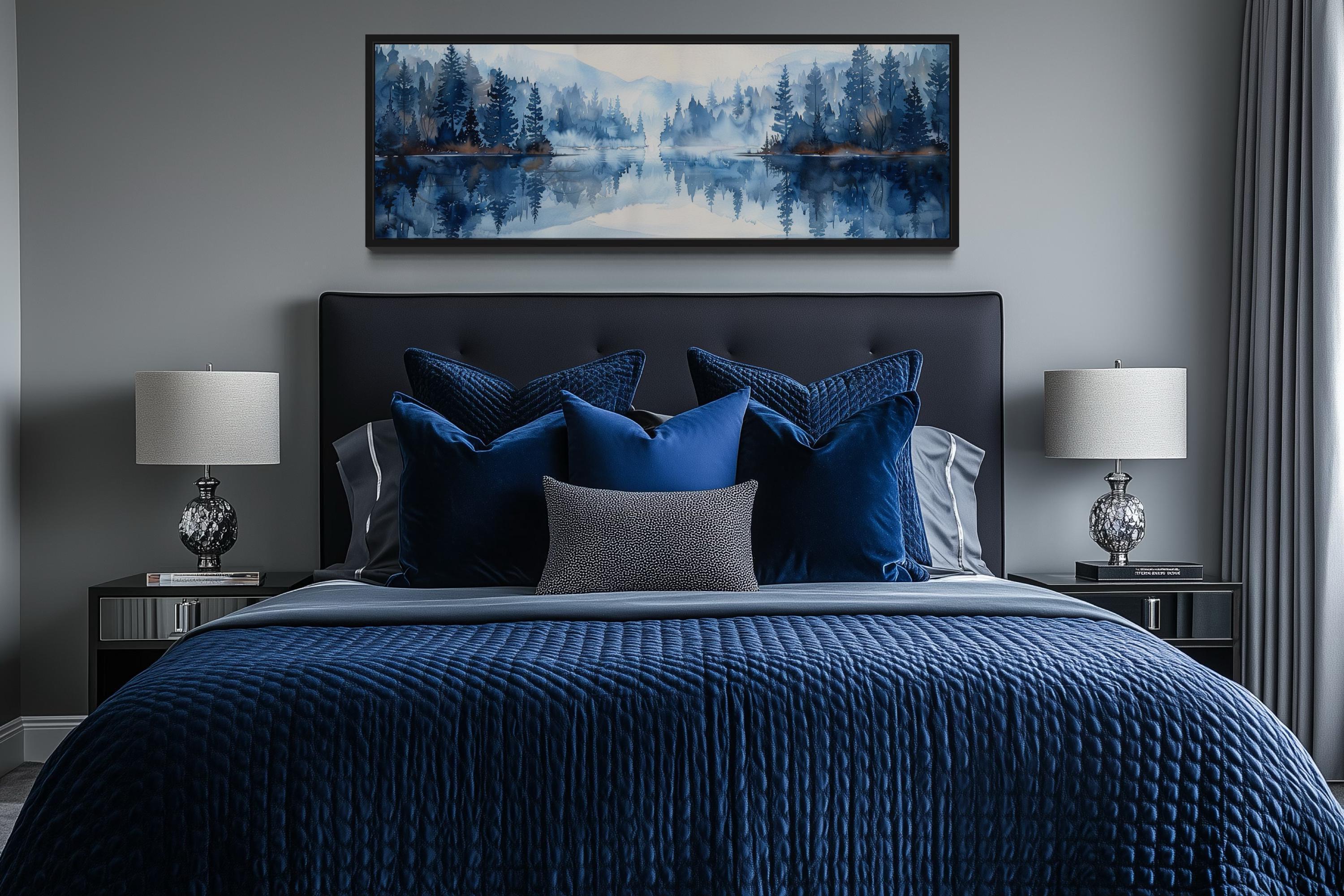Long Horizontal Navy Blue Lake Landscape Watercolor Panoramic Painting ...