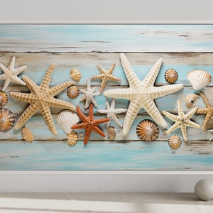 Beach House Wall Art - Starfish and Shells Painting on Blue Wood ...