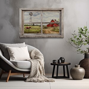 Window View Farm Painting Canvas Print - View of Farm Field Pastoral ...