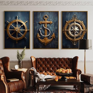 Nautical Wall Art Set of Three Maritime Prints - Navy Blue Gold Coastal ...