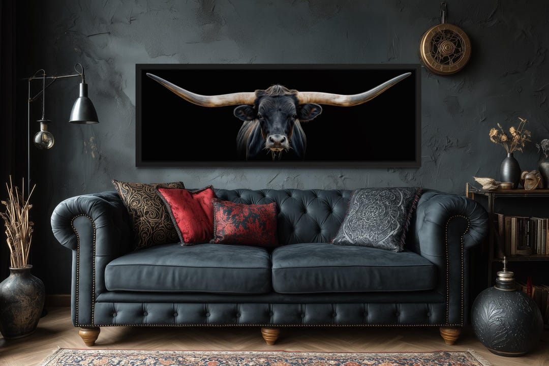Black Texas Longhorn Steer Panoramic Wall Art, Extra Large Above Bed ...