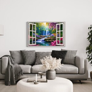 Window View Canvas Vibrant Garden and Waterfall View From Open Window ...