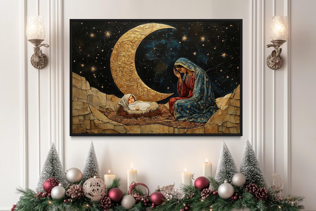 Mother Mary and Baby Jesus Nativity Wall Art Gold Crescent Moon Canvas ...