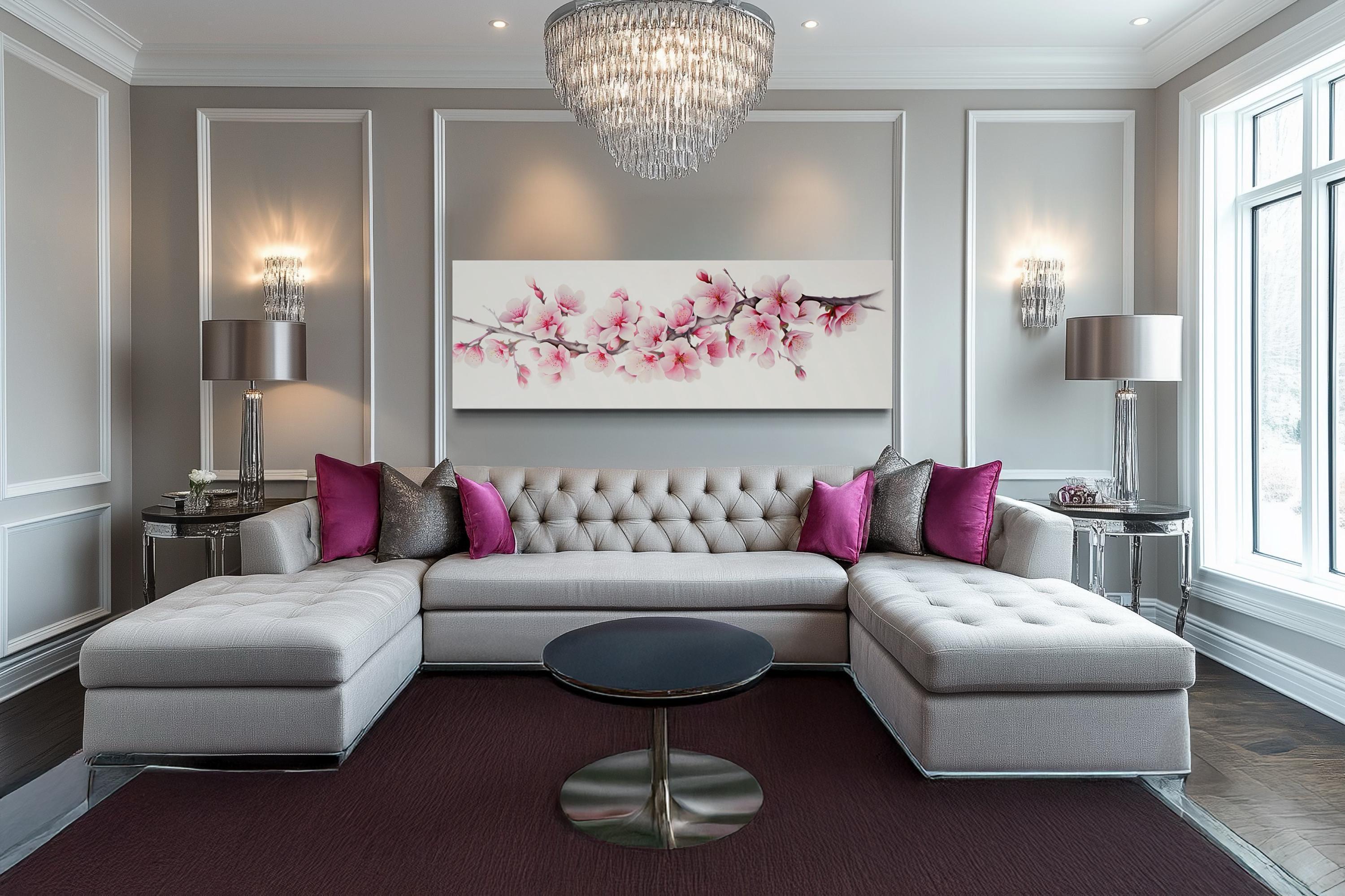 Over Bed Wall Art, Cherry Blossom Watercolor Painting Long Horizontal ...
