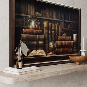 Vintage Book Shelf Library Painting Canvas Print Faux Frame Book Lover ...