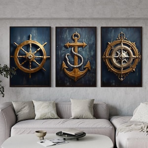 Nautical Wall Art Set of Three Maritime Prints - Navy Blue Gold Coastal ...
